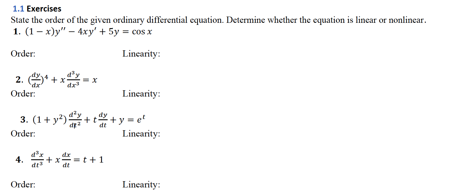 Solved 1 1 Exercises State The Order Of The Given Ordinary