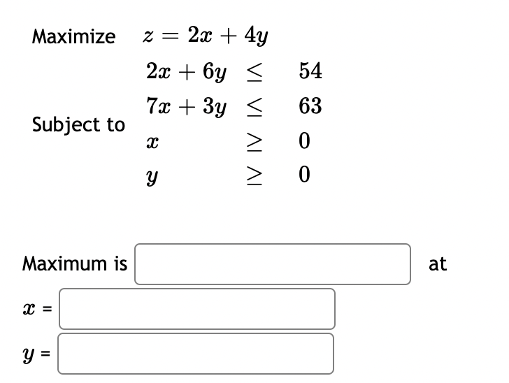 Solved Minimize z=2x+3y z=2x+3ySubject to y+4x≥108 y+5x≥50 | Chegg.com