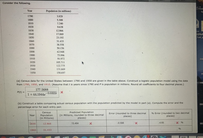 Solved Consider the following. Population (in millions) 1790 | Chegg.com