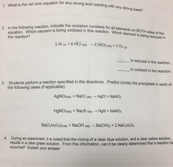 Solved What is the net ionic equation for any strong acid | Chegg.com