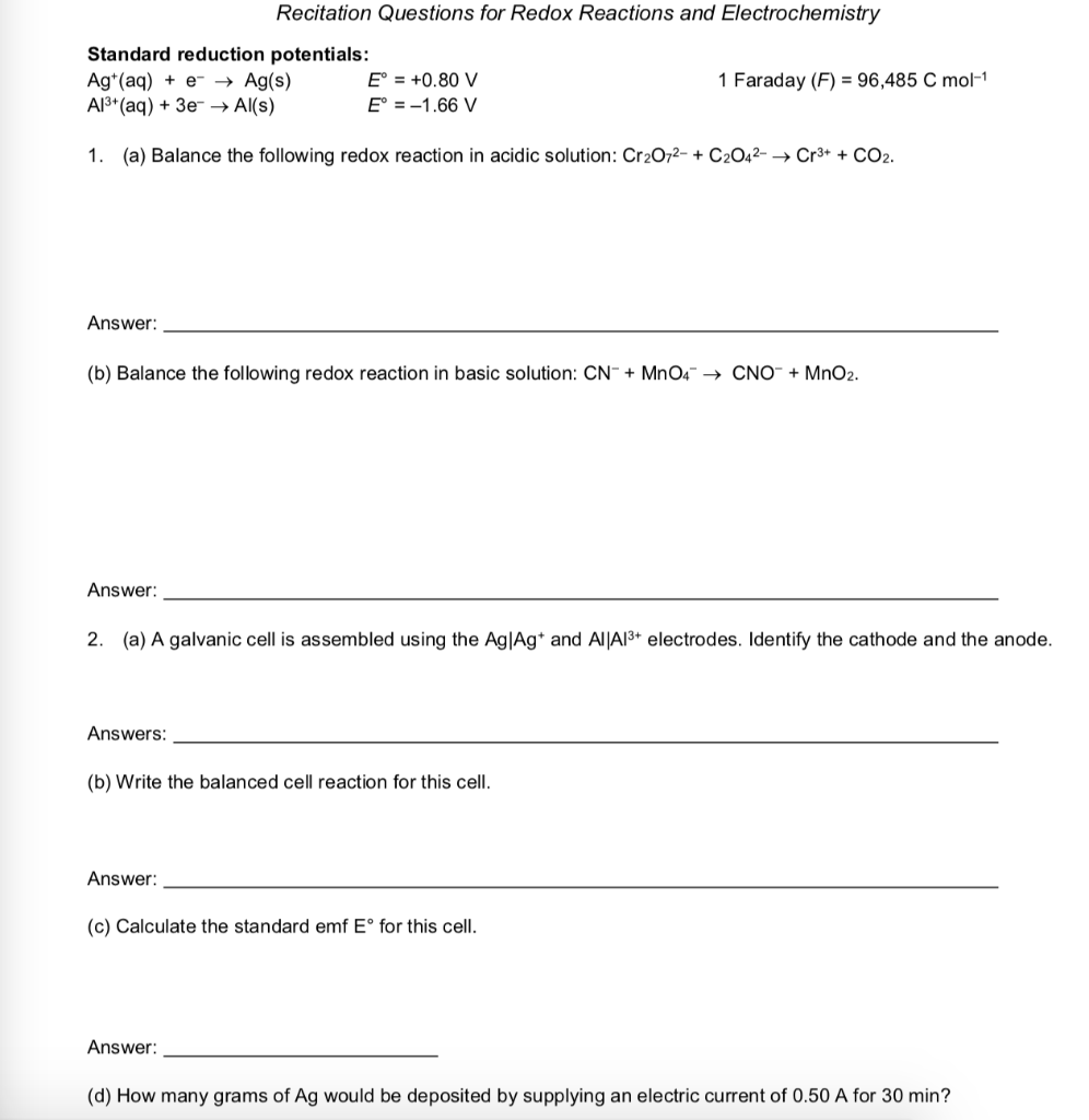 Solved Recitation Questions for Redox Reactions and | Chegg.com