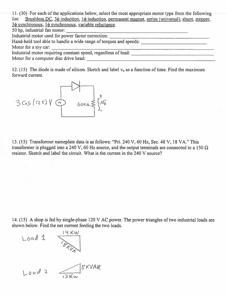 Solved 11. (30) For each of the applications below, select | Chegg.com