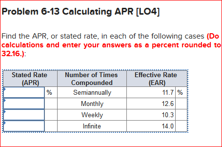 Solved Problem 6-13 Calculating APR [LO4] Find the APR, or | Chegg.com