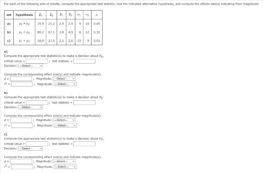 Solved For each of the following sets of results, compute | Chegg.com