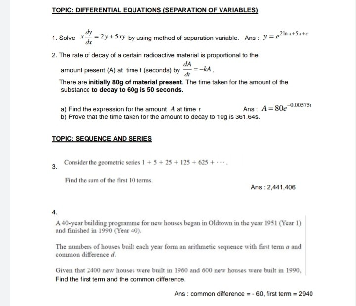 Solved TOPIC: DIFFERENTIAL EQUATIONS (SEPARATION OF | Chegg.com