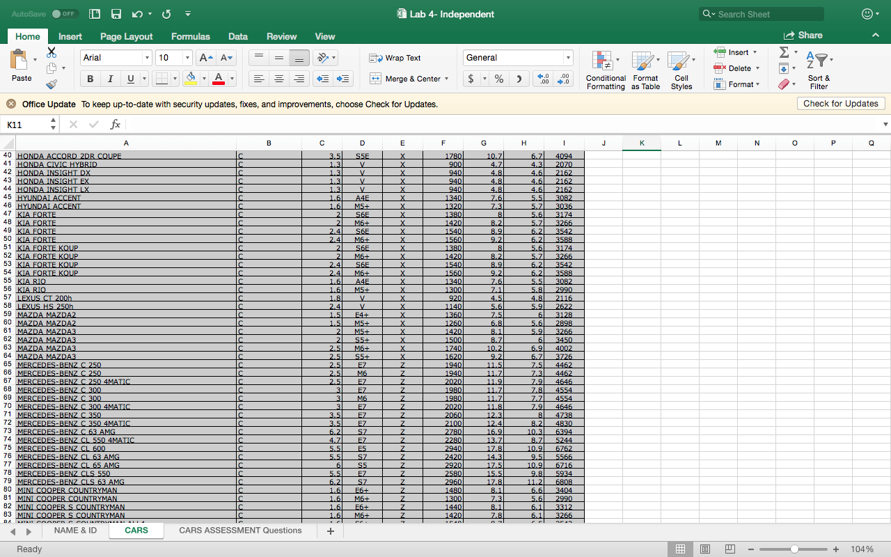 Solved Using the data on the CARS DATA worksheet, complete a | Chegg.com