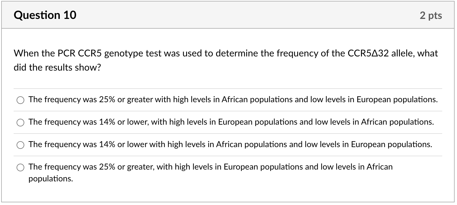 Solved Question 10 2 pts When the PCR CCR5 genotype test was | Chegg.com