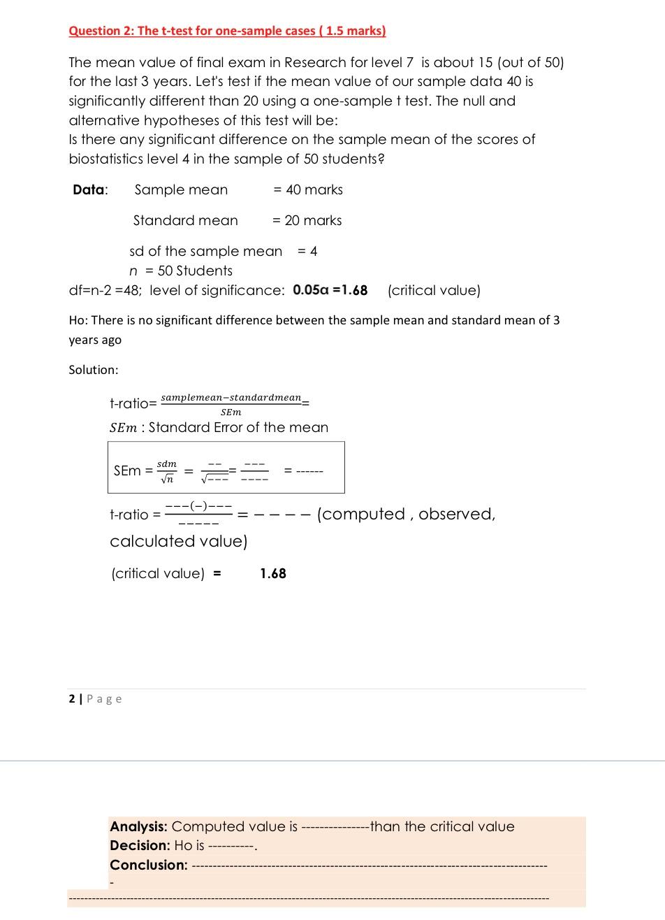 Solved Question 2: The t-test for one-sample cases (1.5 | Chegg.com