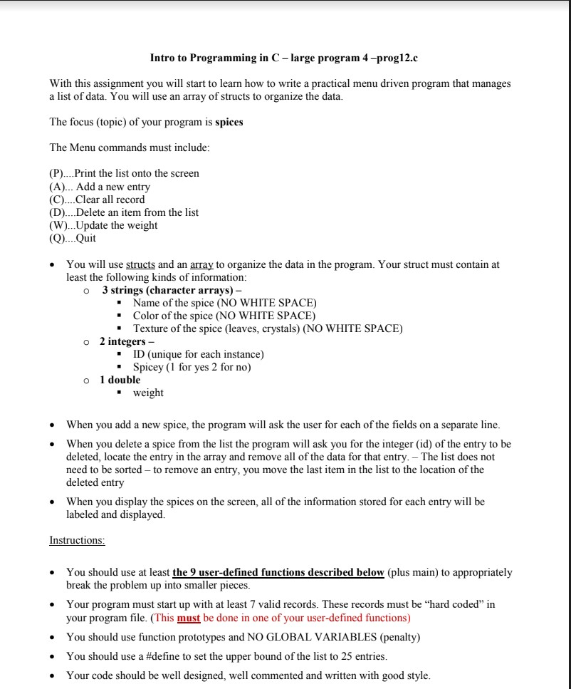 Solved Intro to Programming in C - large program 4 -prog12.c | Chegg.com
