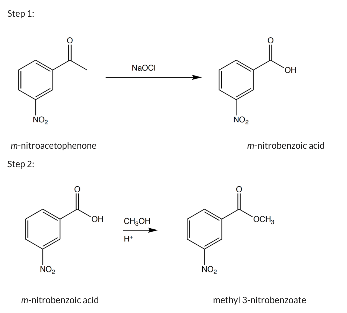 Solved Step 1: NaOCI OH NO2 NO2 m-nitroacetophenone | Chegg.com