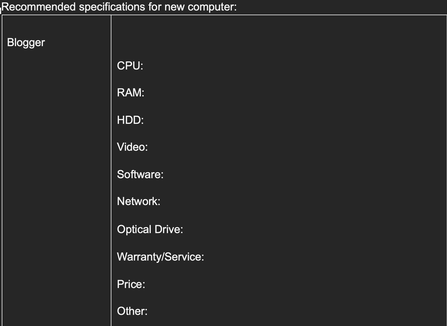 Solved Recommended specifications for new computer: | Chegg.com