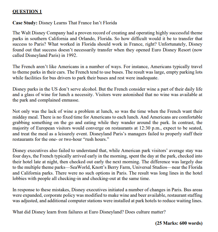 Solved QUESTION 1 Case Study: Disney Learns That France | Chegg.com