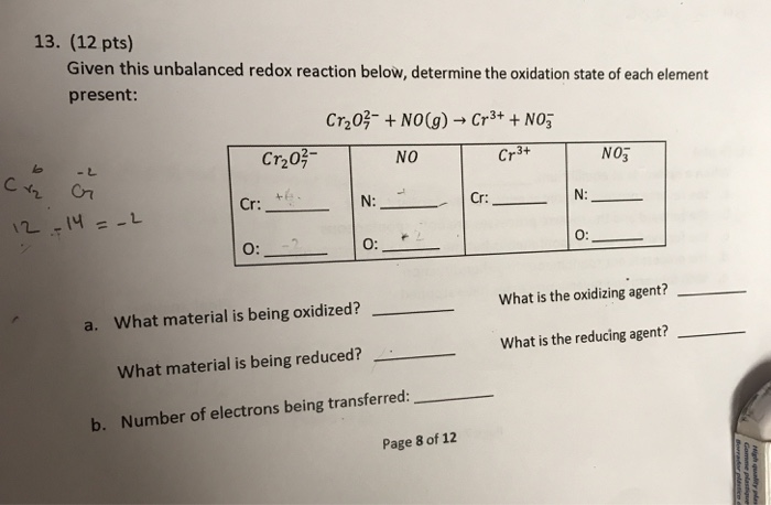 Solved 13. (12 pts) Given this unbalanced redox reaction | Chegg.com