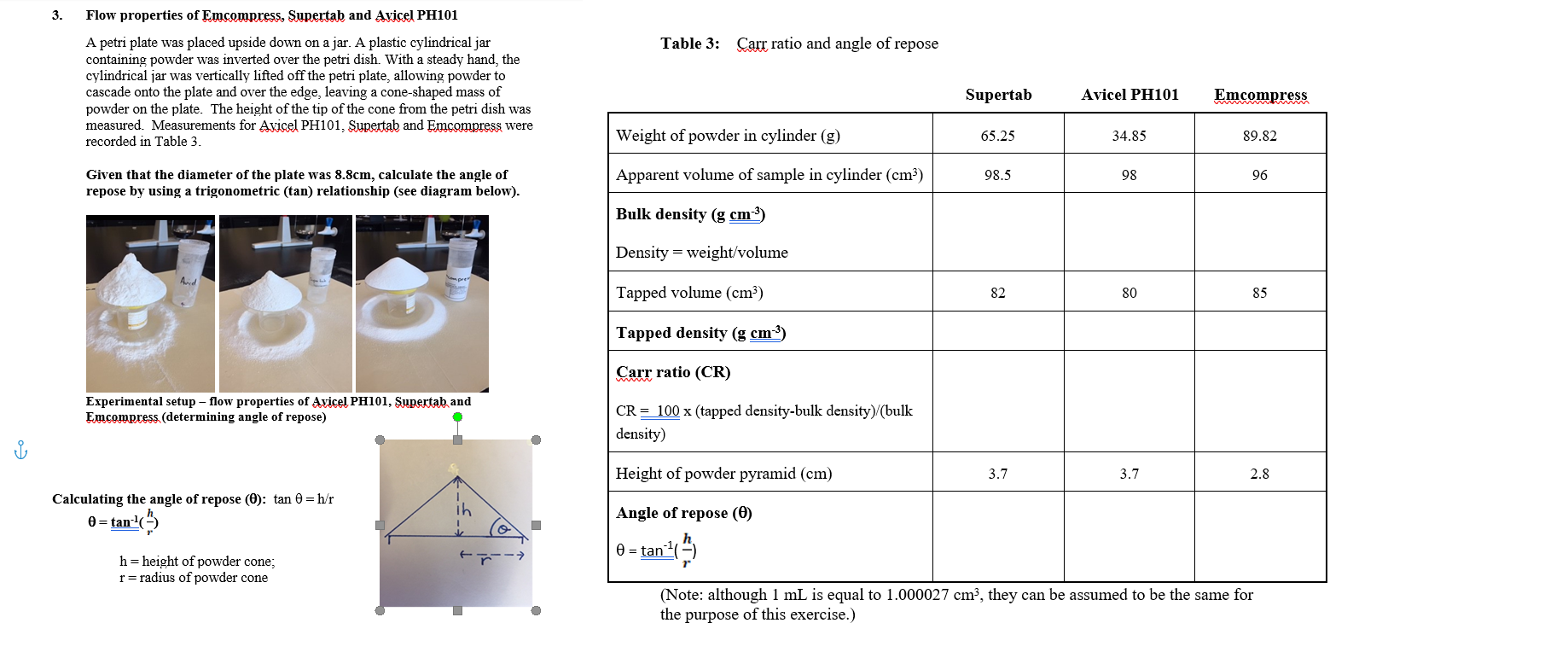 Solved 3. Table 3: Carr ratio and angle of repose Flow | Chegg.com