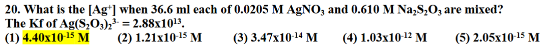 Solved 20. What is the [Ag+]when 36.6ml each of 0.0205MAgNO3 | Chegg.com