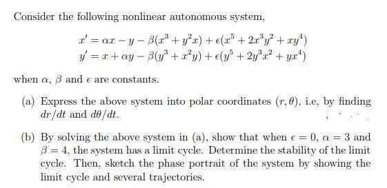 Solved Consider the following nonlinear autonomous system, | Chegg.com