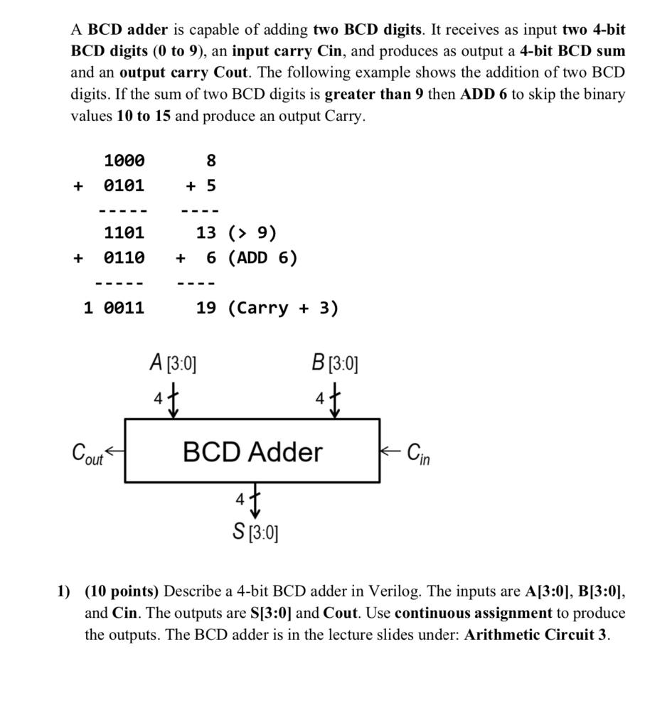 Solved A BCD adder is capable of adding two BCD digits. It | Chegg.com