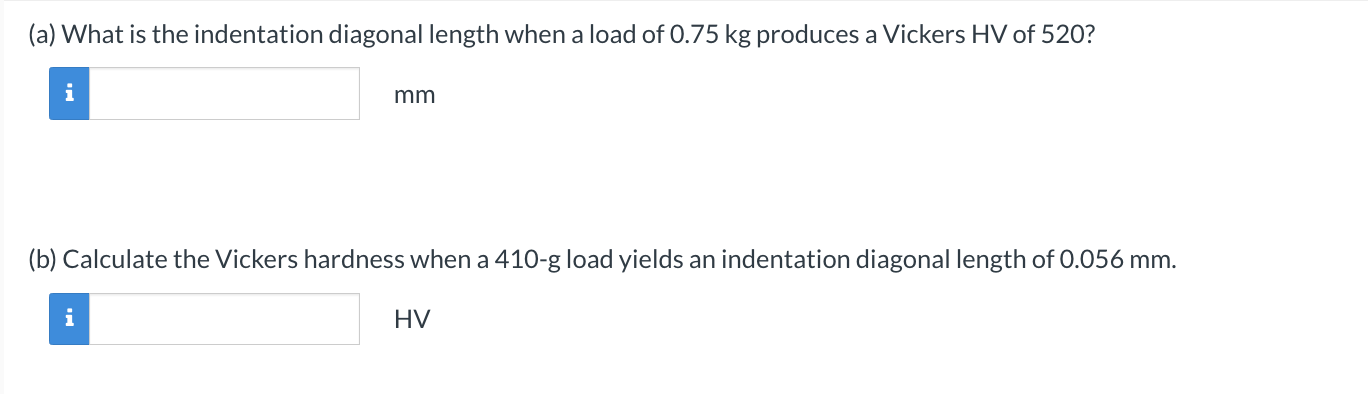 Solved (a) ﻿What is the indentation diagonal length when a | Chegg.com