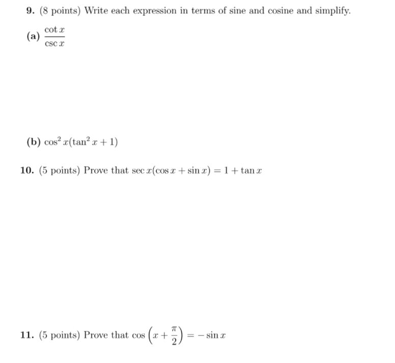 Solved 9. (8 points) Write each expression in terms of sine | Chegg.com