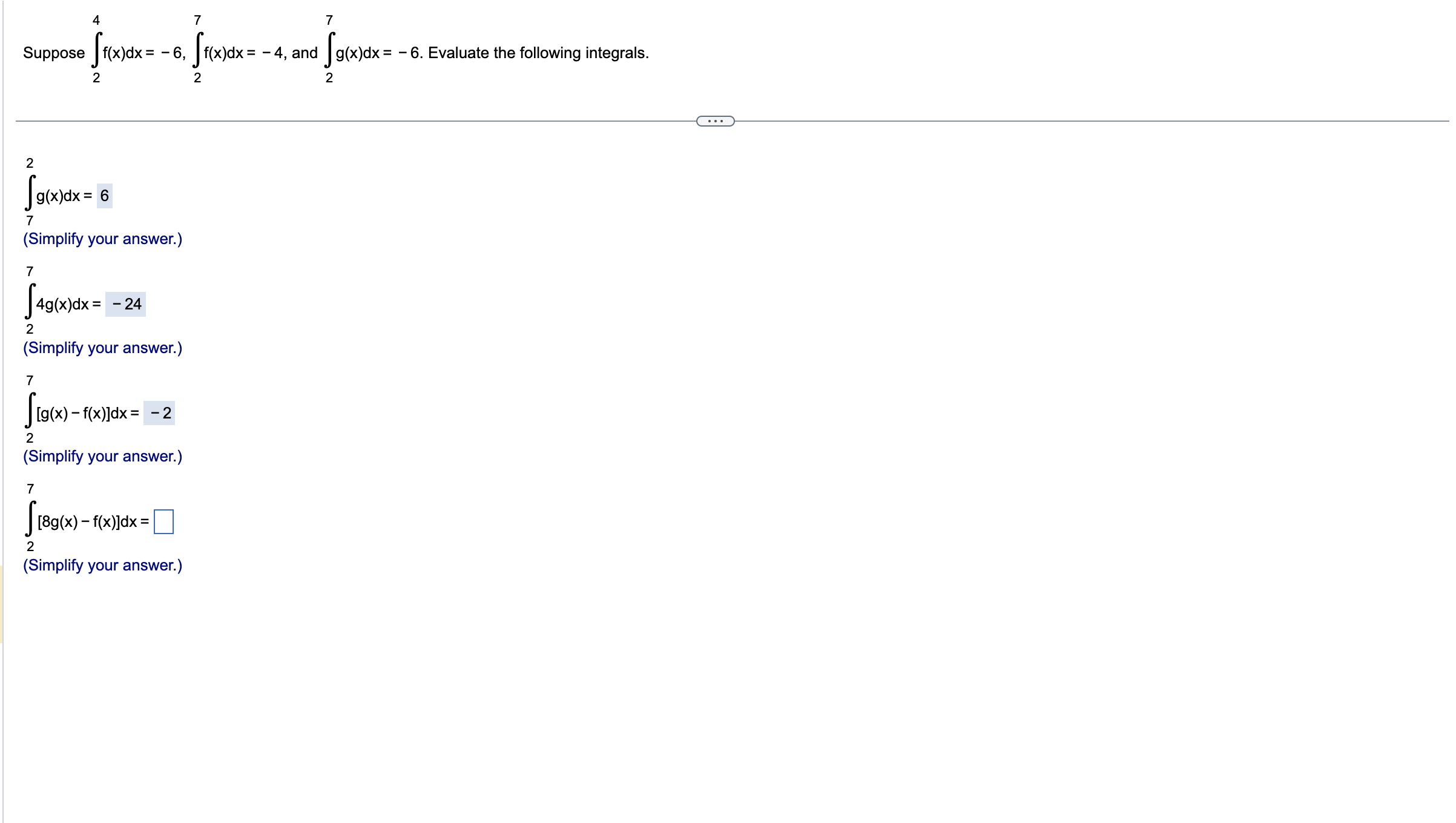 Solved Suppose ∫24f(x)dx=−6,∫27f(x)dx=−4, and ∫27g(x)dx=−6. | Chegg.com