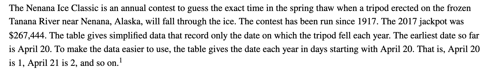 Solved The Nenana Ice Classic is an annual contest to guess | Chegg.com