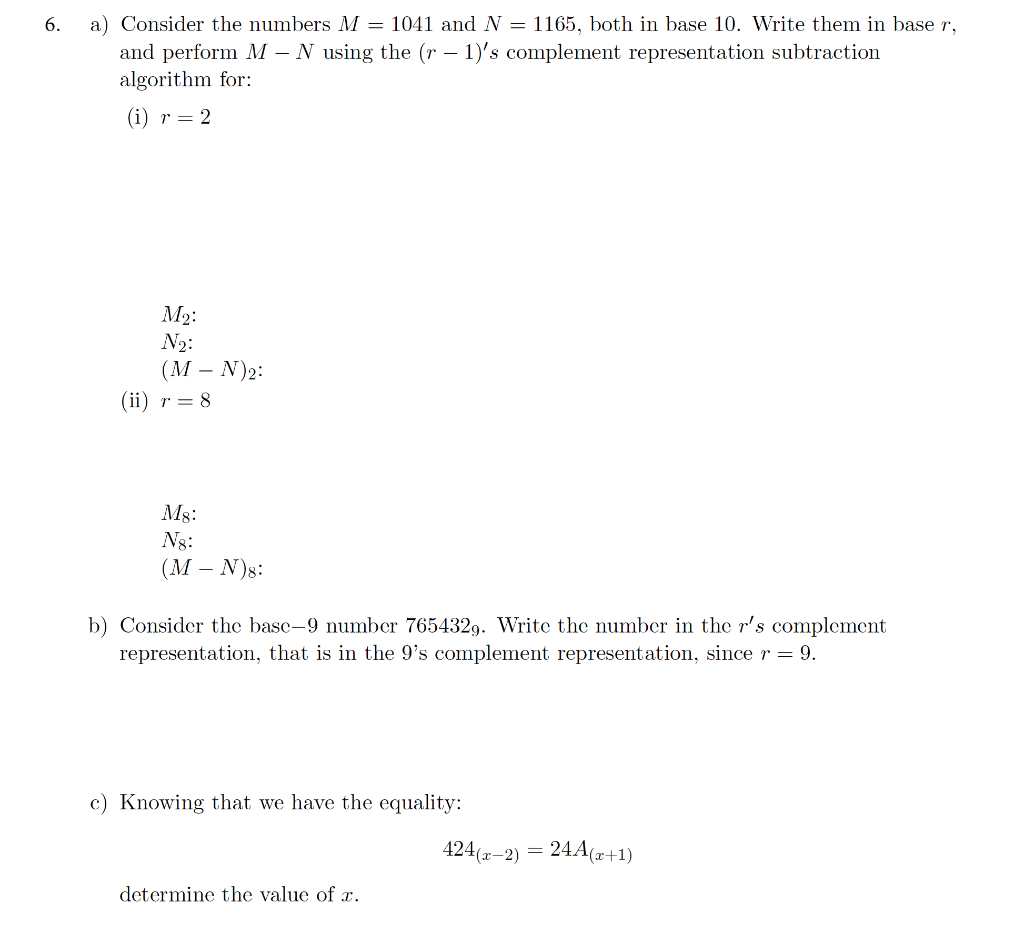 Solved 6. a) Consider the numbers M = 1041 and N = 1165, | Chegg.com