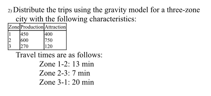 Solved 2) Distribute the trips using the gravity model for a | Chegg.com