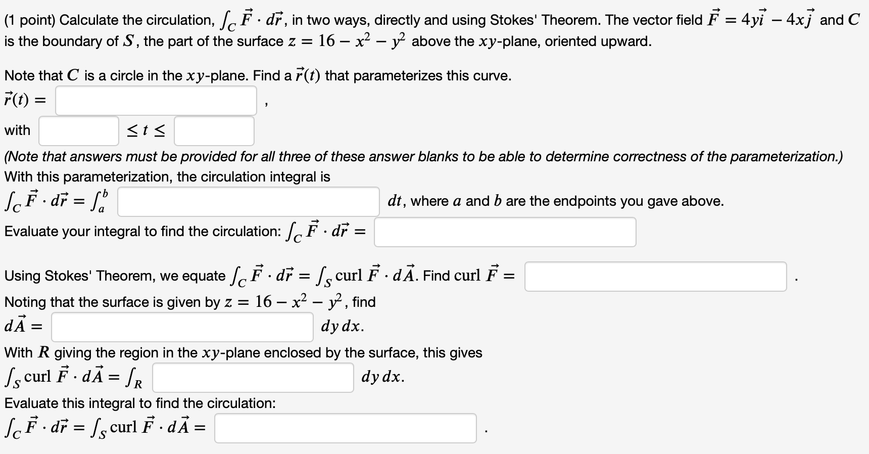 Solved (1 point) Calculate the circulation, Sc F. dř, in two | Chegg.com