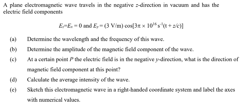Solved A plane electromagnetic wave travels in the negative | Chegg.com