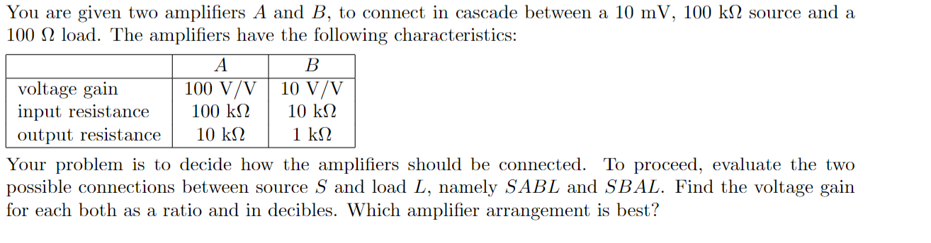Solved You are given two amplifiers A and B, to connect in | Chegg.com