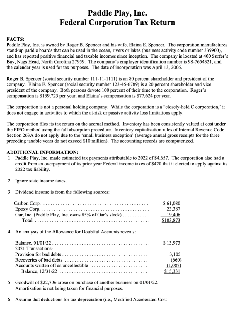 Paddle Play, Inc. Federal Corporation Tax Return | Chegg.com
