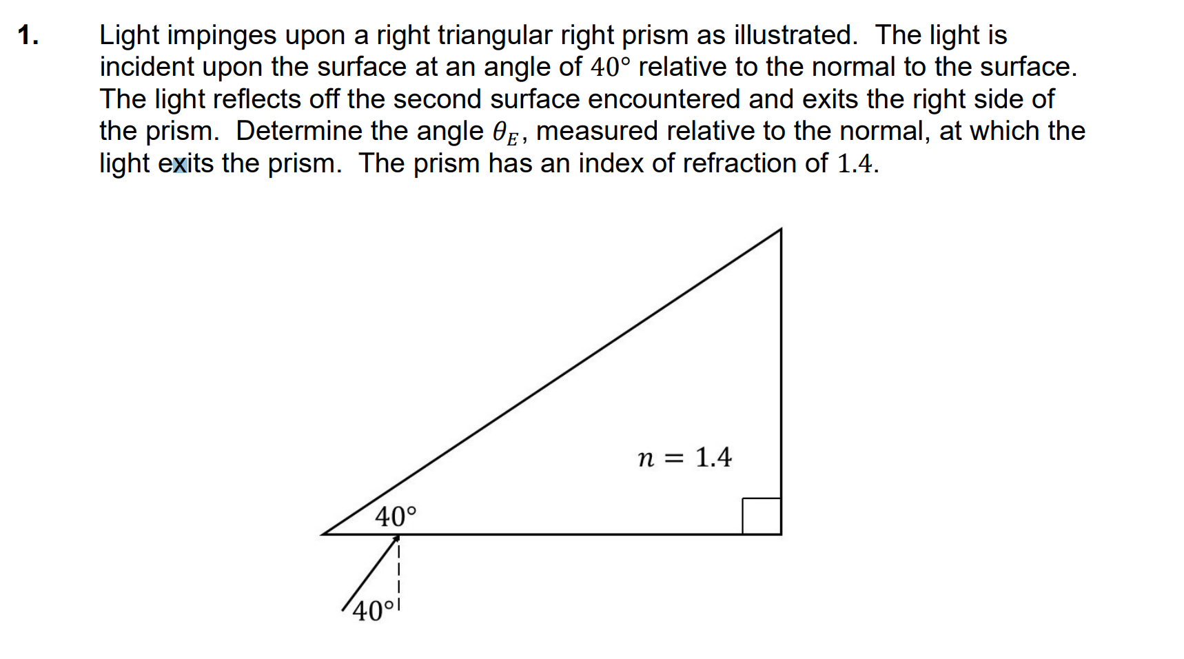 Solved 1. Light impinges upon a right triangular right prism | Chegg.com