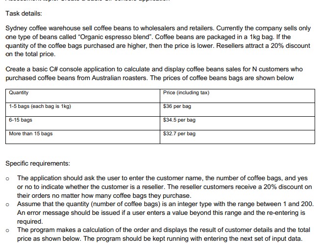 Solved Task details: Sydney coffee warehouse sell coffee | Chegg.com