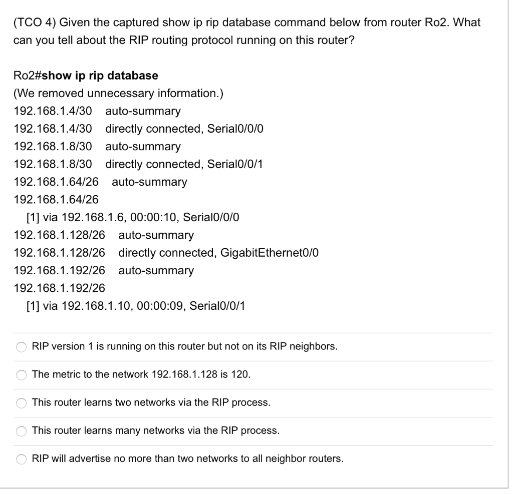 (TCO 4) Given the captured show ip rip database | Chegg.com