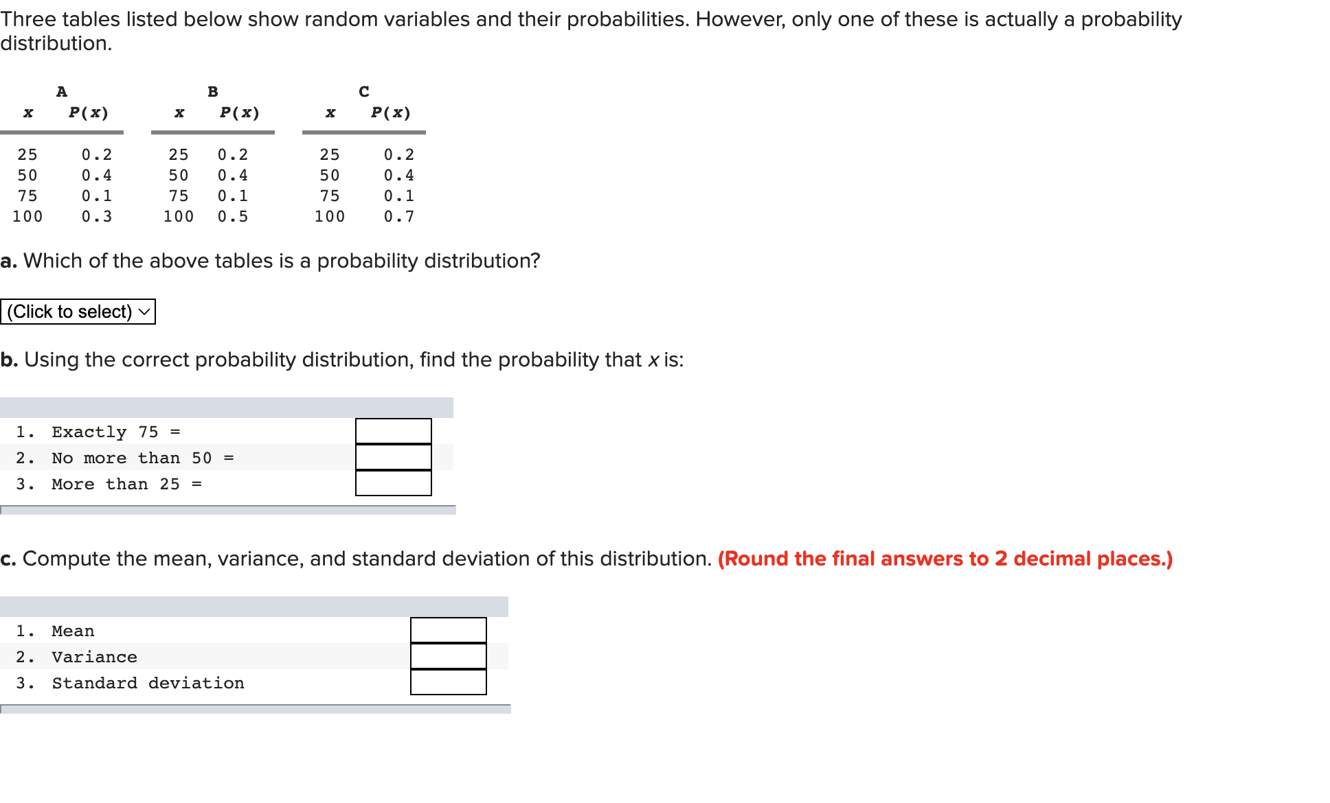 Solved Three tables listed below show random variables and | Chegg.com