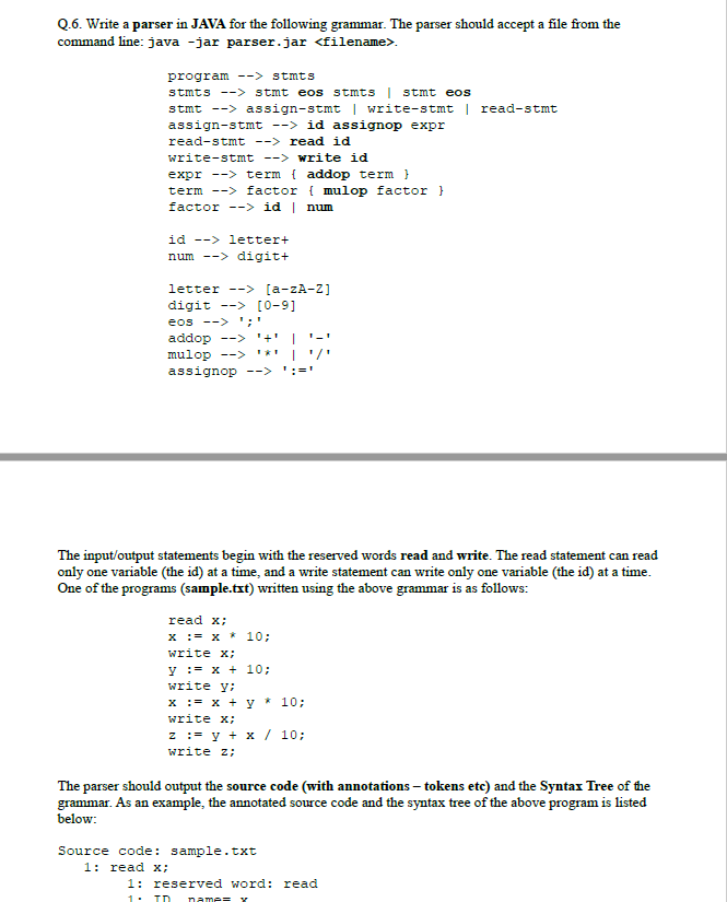 Write a parser in JAVA for the following grammar. The | Chegg.com