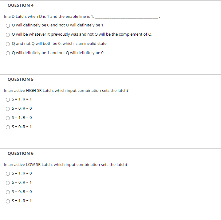 Solved QUESTION 1 In an active LOW SR Latch, which input | Chegg.com