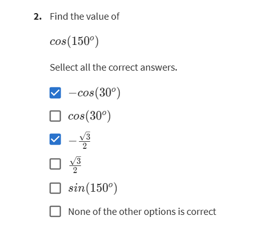 Solved Find the value ofcos(150°)Sellect all the correct | Chegg.com