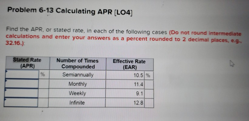 Solved Problem 6-13 Calculating APR (L04) Find the APR, or | Chegg.com