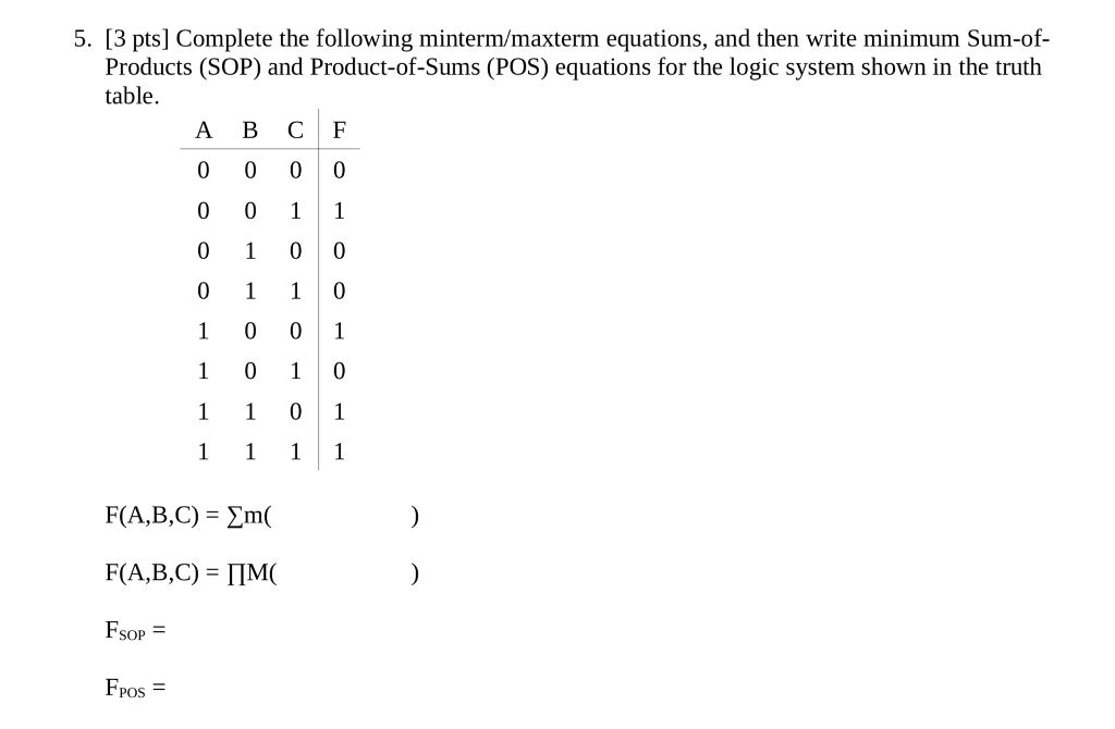 Solved 5. [3 pts] Complete the following minterm/maxterm | Chegg.com
