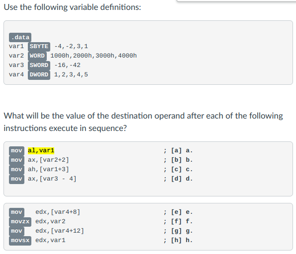 Solved Use the following variable definitions: .data var1 | Chegg.com