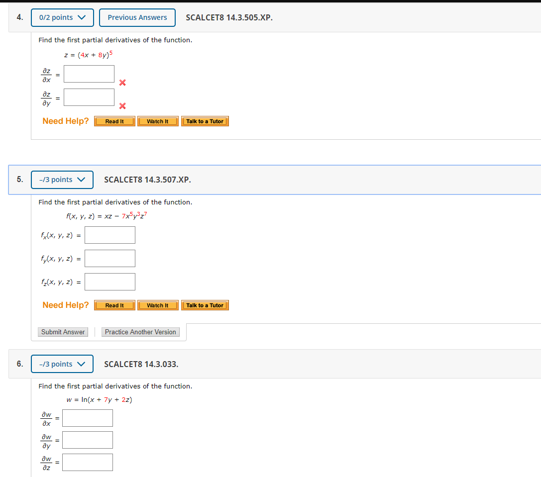 Solved 0/2 points v Previous Answers SCALCET8 14.3.505.XP. | Chegg.com