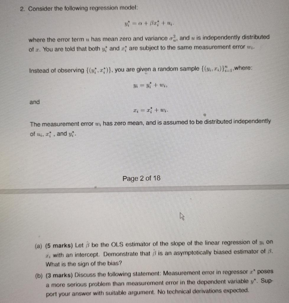 Solved 2. Consider the following regression model: y = a | Chegg.com