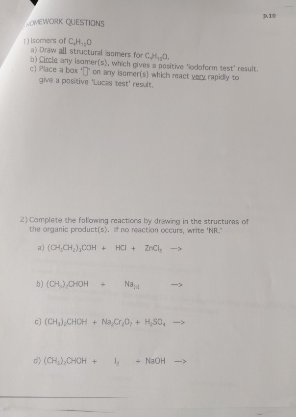 Solved p.10 HOMEWORK QUESTIONS 1) Isomers of C,H,O a) Draw | Chegg.com
