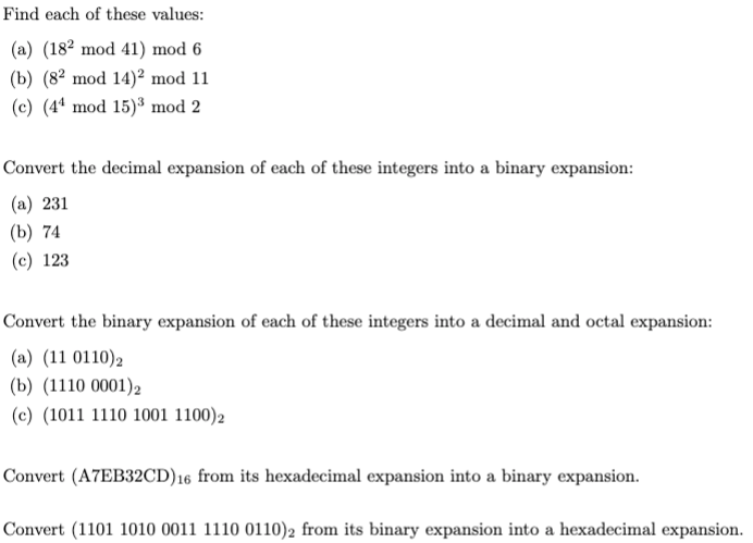 Solved Find each of these values: (a) (182 mod 41) mod 6 (b) | Chegg.com
