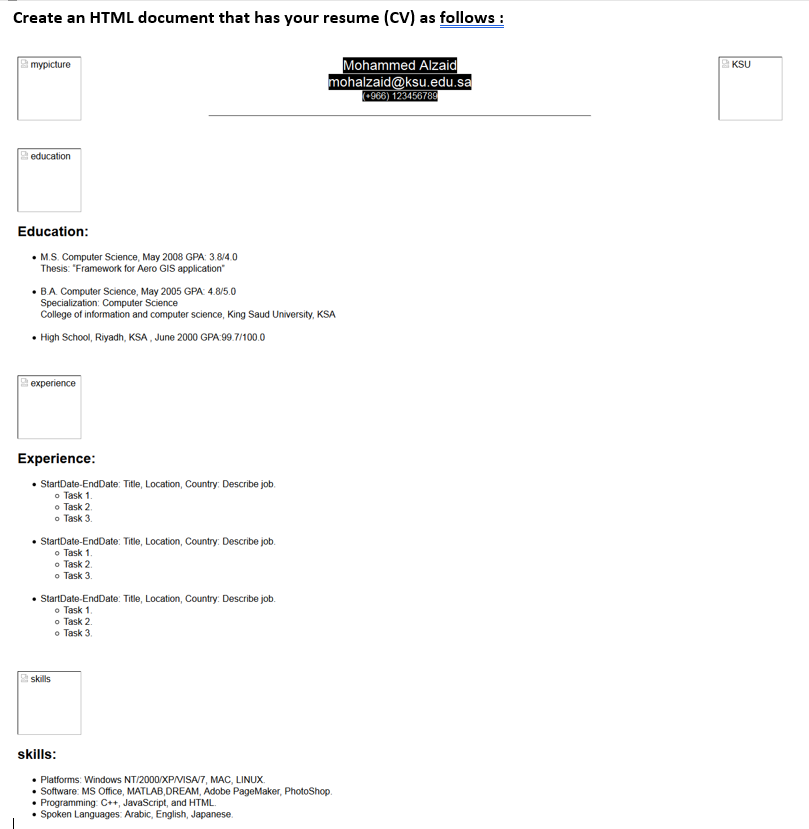 Solved Create an HTML document that has your resume (CV) as | Chegg.com