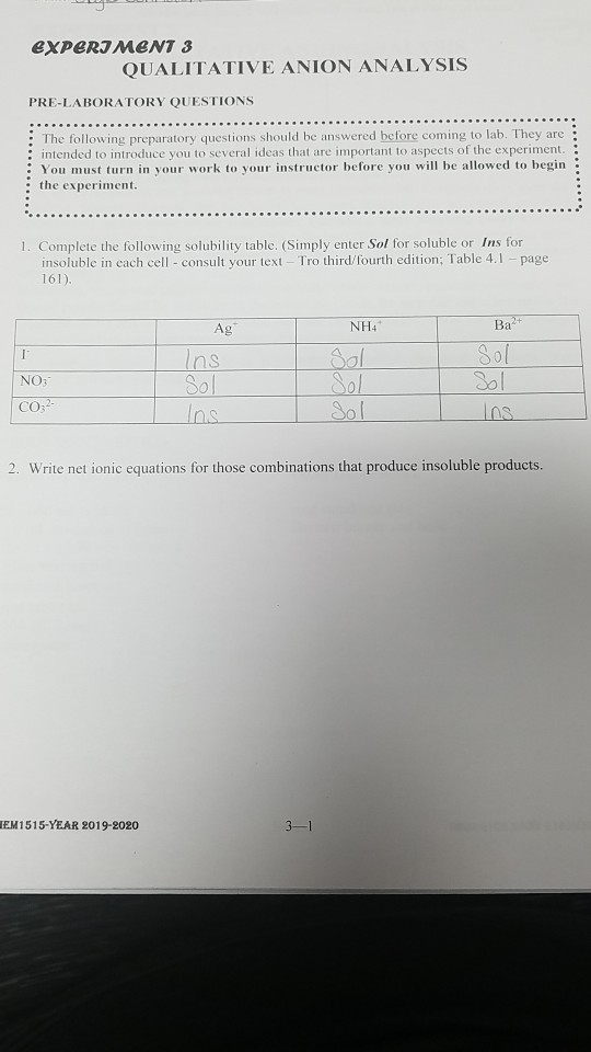 Solved EXPERIMENT 3 QUALITATIVE ANION ANALYSIS | Chegg.com