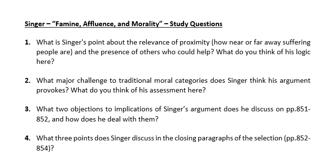 Singer - "Famine, Affluence, and Morality" - Study | Chegg.com