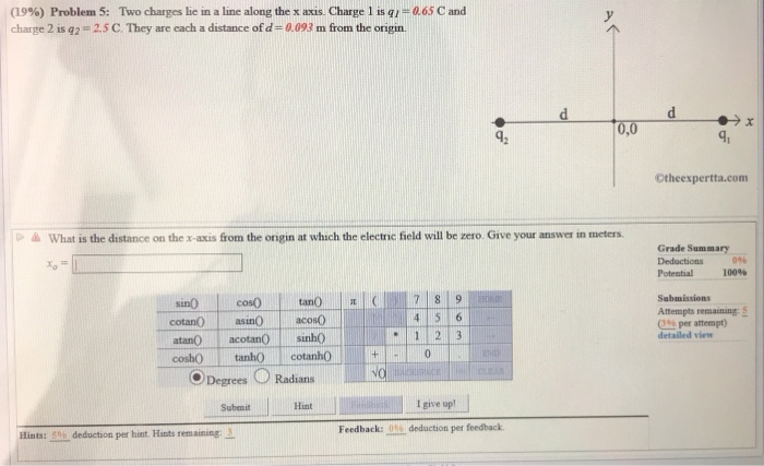 Solved (23%) Problem 3: A test charge of +2 C is placed | Chegg.com