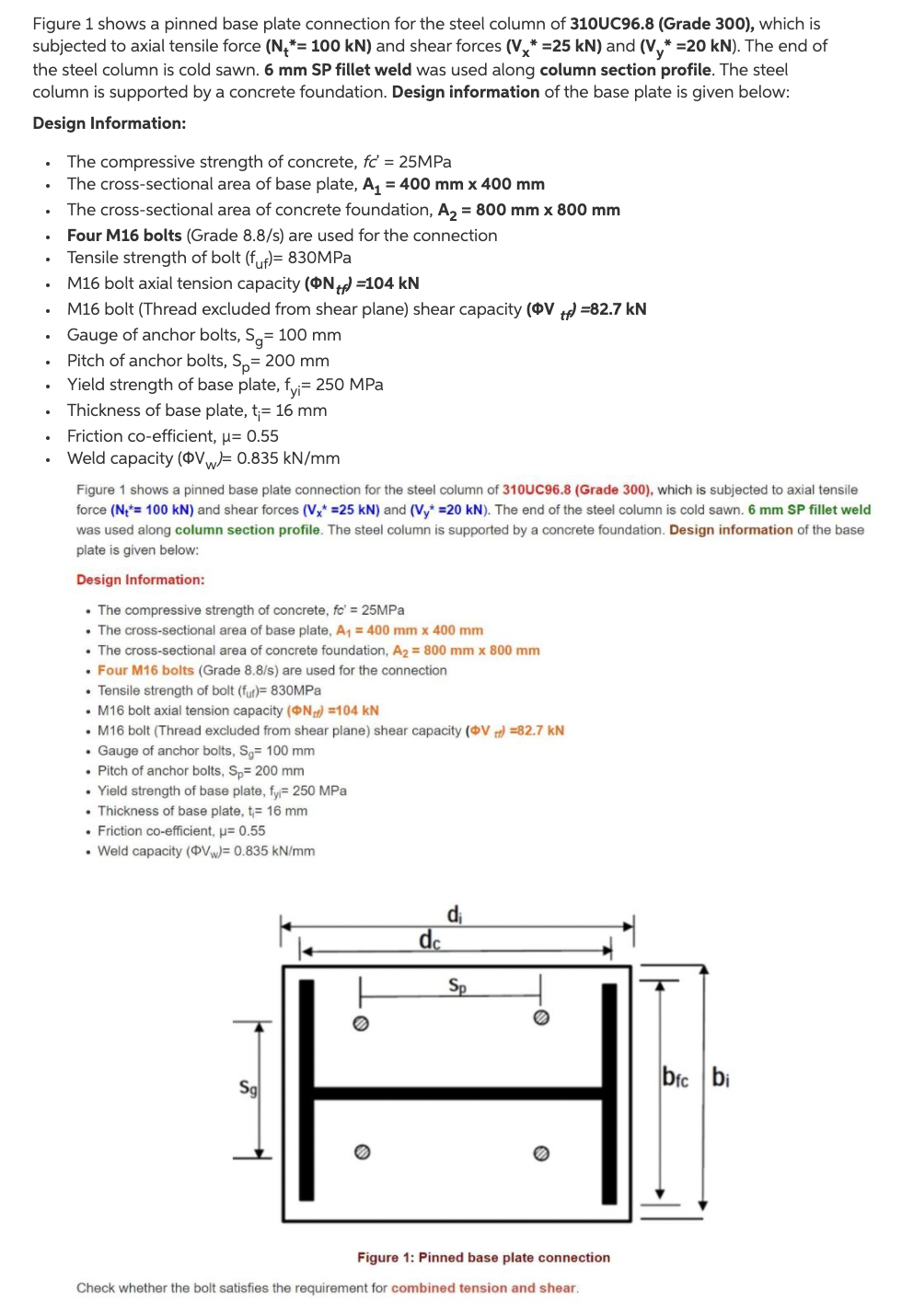 Solved Figure 1 shows a pinned base plate connection for the | Chegg.com